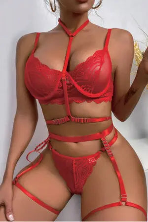 Spark Of Fire Red Lace Bra, G-String Garter Set - LingerieDiva