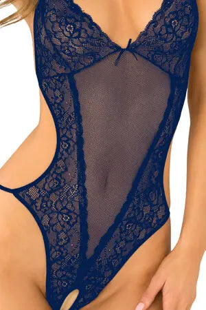 Navy Bare It All Lace Mesh Teddy With G String Back - LingerieDiva